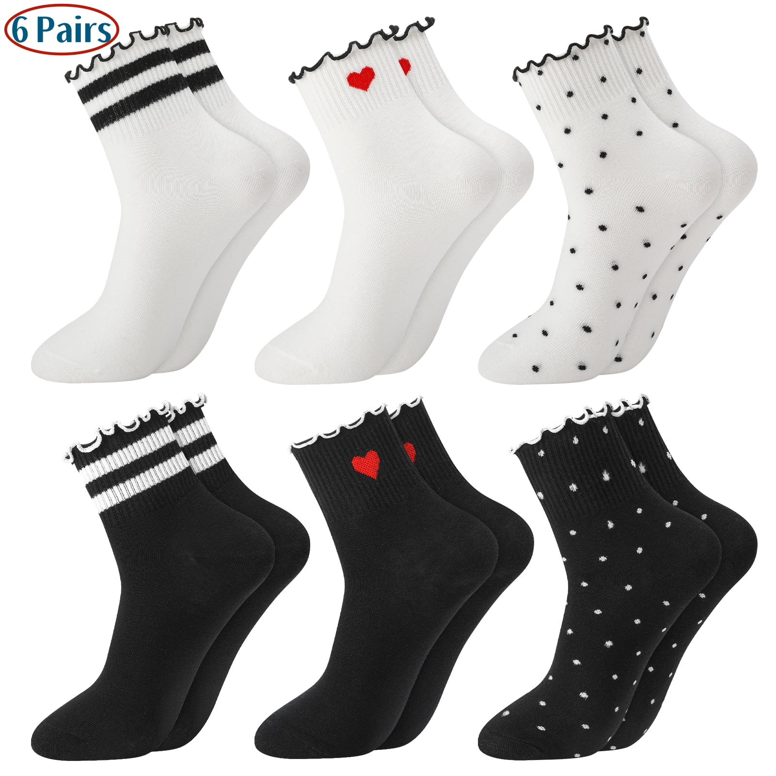 Bocaoying 6 Pairs Women Casual Ruffle Socks, Assorted Black White ...