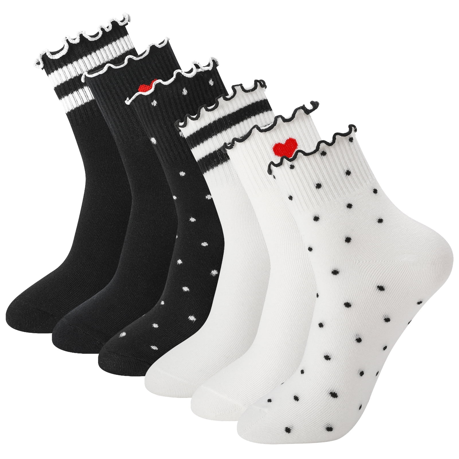 Bocaoying 6 Pairs Women Casual Ruffle Socks, Assorted Black White ...