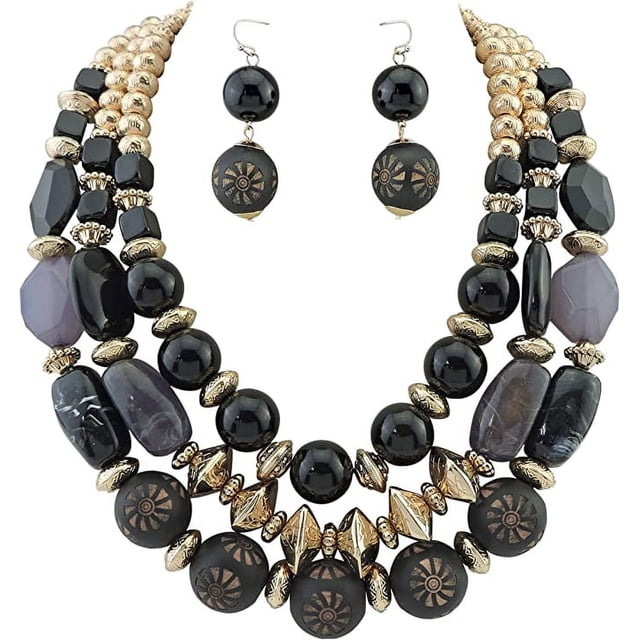 Bocar 3-Layer Chunky Statement Boho Jewelry Set with Carved Wooden ...
