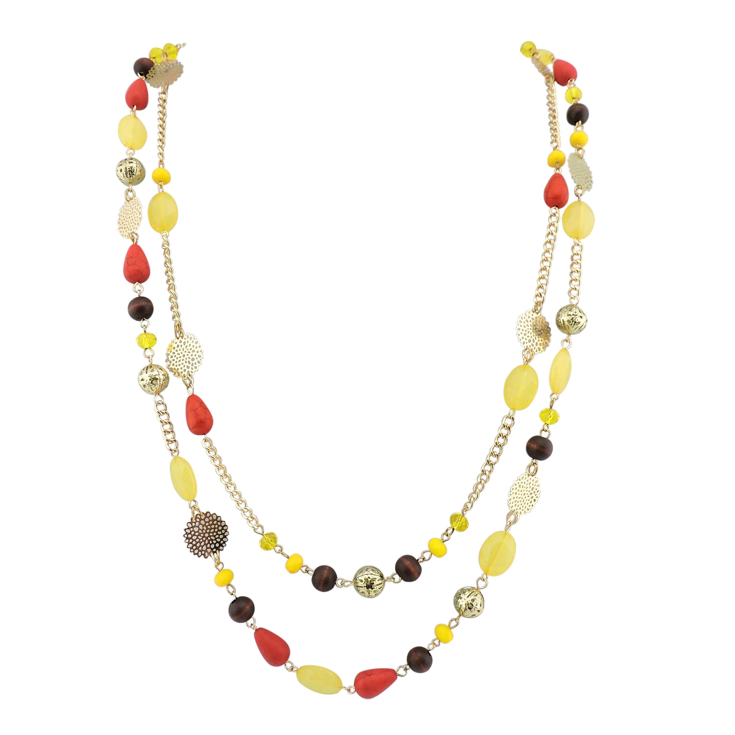 Bocar Yellow Long Statement 2-Strand Bead Boho Necklace, 37.8 ...