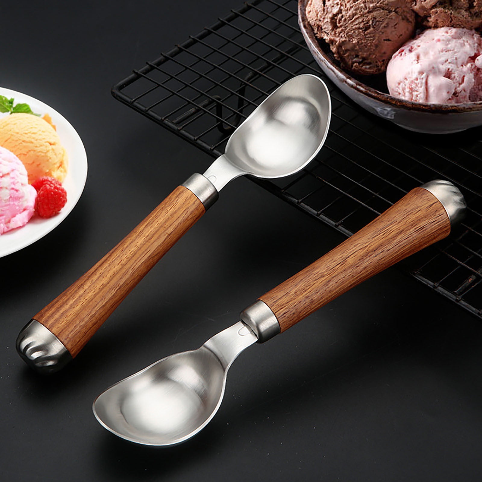 Qholemyo 304 Stainless Steel Spoon Wooden Handle Ice Cream Spoon Ice ...