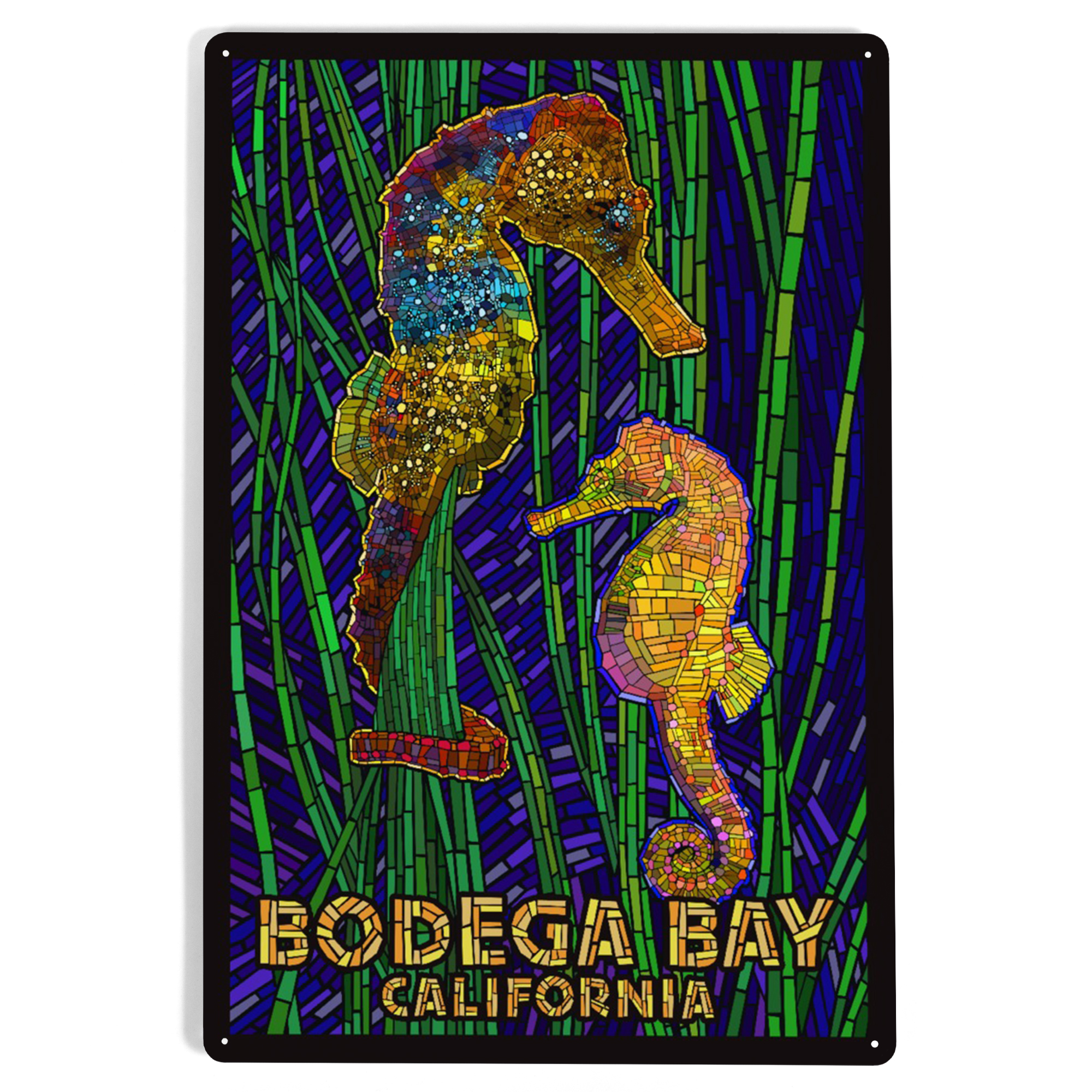 Bodega Bay, California, Seahorses, Paper Mosaic (12x18 Aluminum Art ...