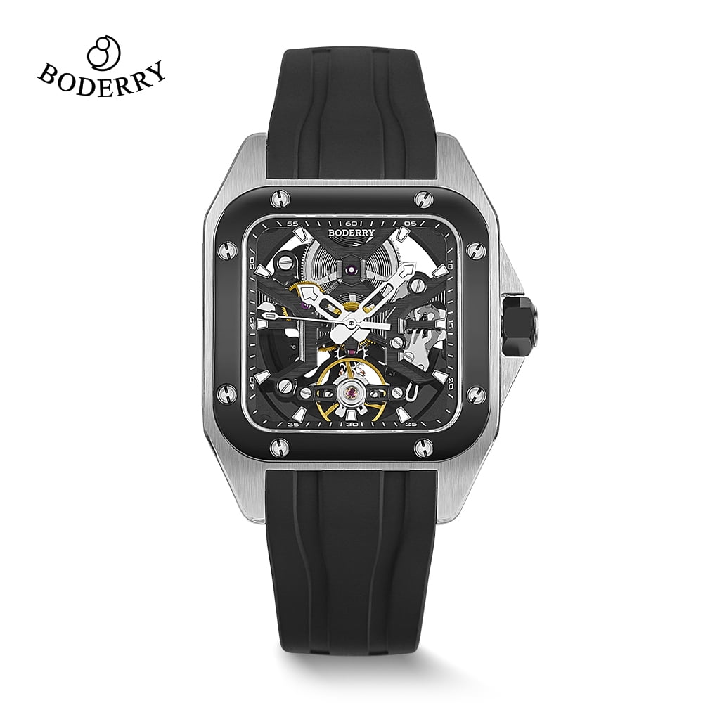 Boderry Skeleton Watches Men's Square Titanium Automatic Mechanical ...