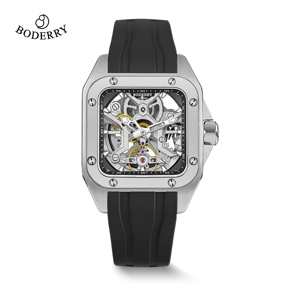 Boderry Skeleton Watches Men's Square Titanium Automatic Mechanical ...