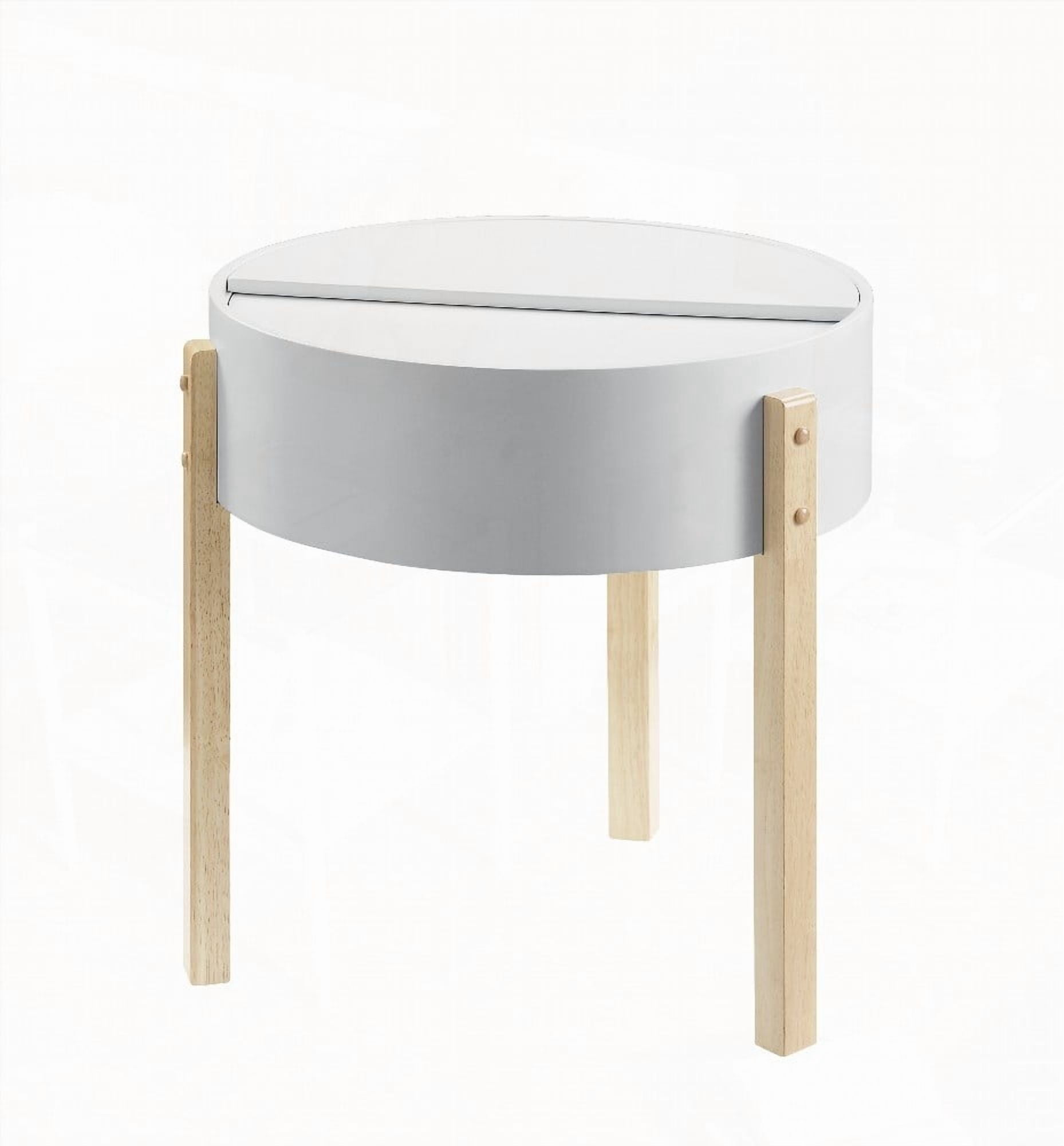 Bodfish Round End Table in White & Natural Finish with Hidden Storage ...