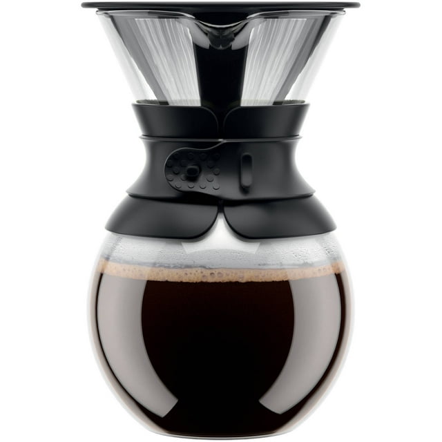 BODUM 34 Ounce Pour-Over Coffee Maker with Carafe and Drip Stainless Steel Filter, Black ...