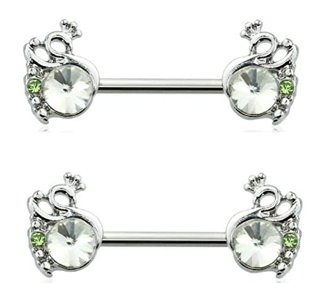 Body Accentz Pair of Pierced CZ Gemmed Swan Nipple Bar Piercing Rings ...