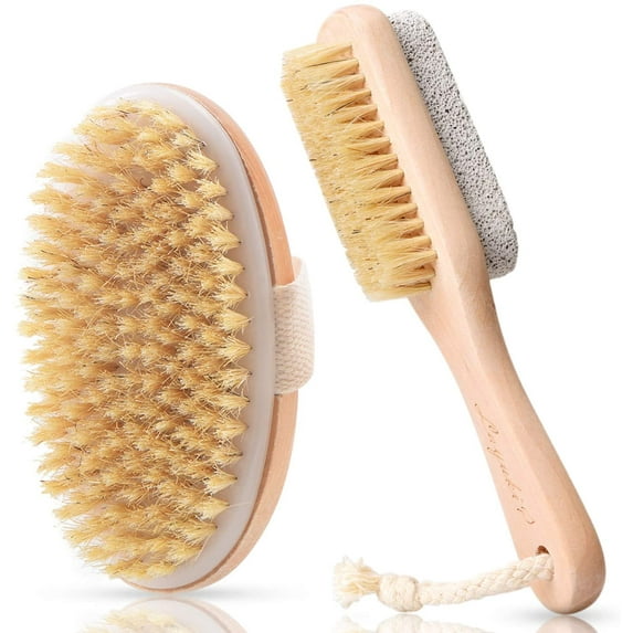 Body Brush for Dry or Wet Brushing and 2-Sided Foot File Scrubber Set ...