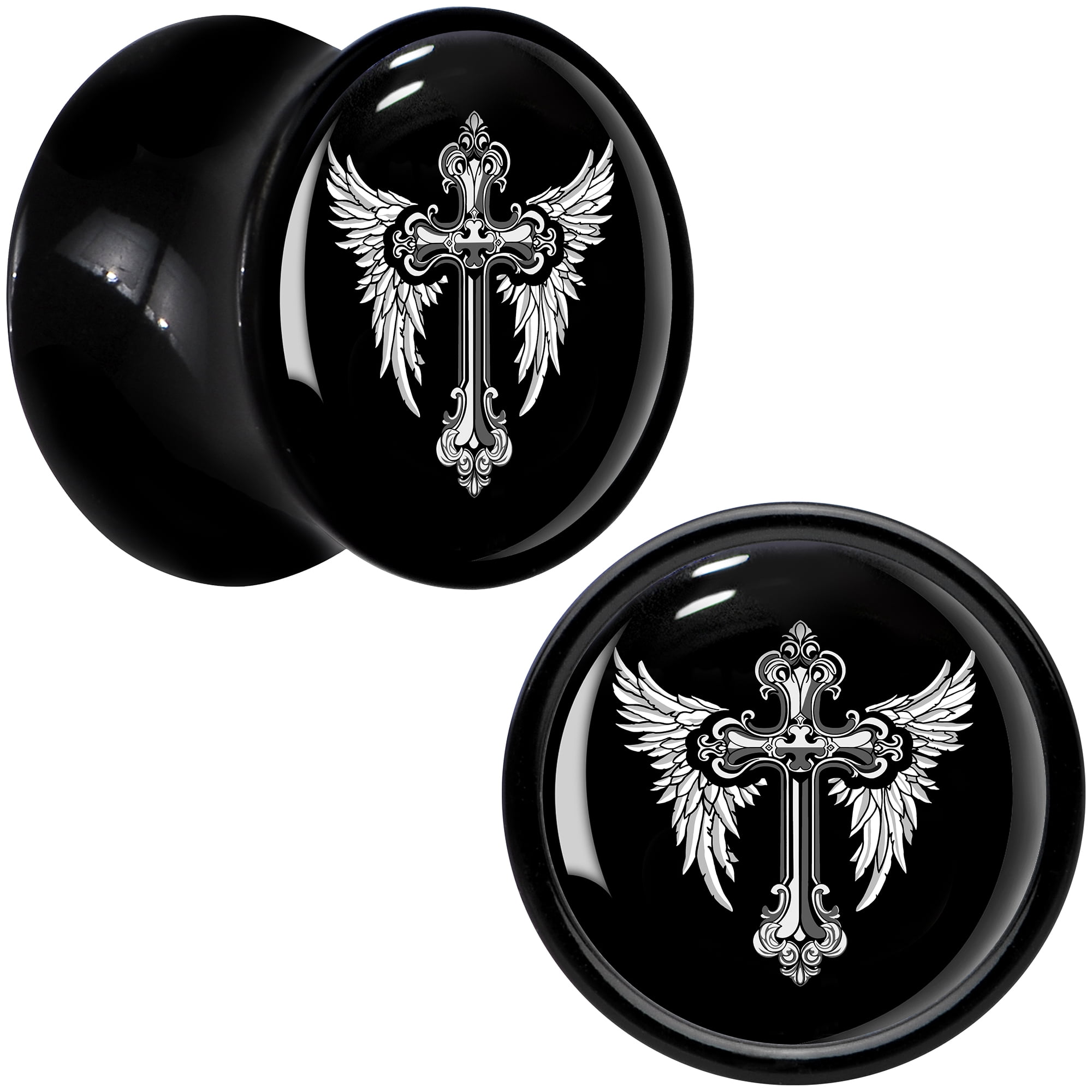 Body Candy 00 Gauge 2PC Black Acrylic Winged Cross Saddle Plugs Double ...
