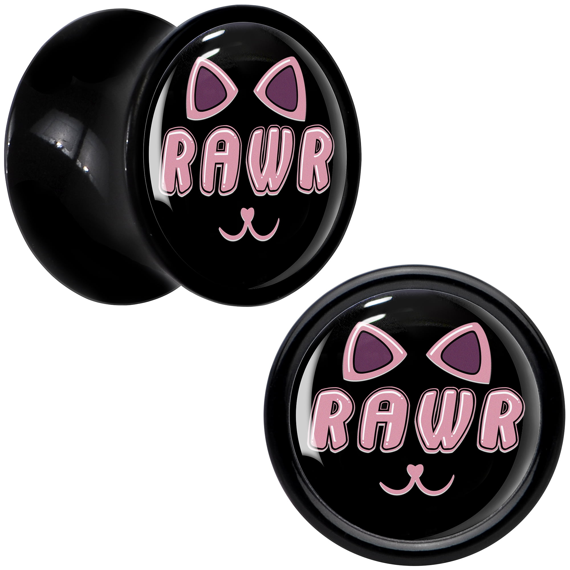 Body Candy 0g 2PC Black Acrylic RAWR Kitty Cat Saddle Plugs Double ...