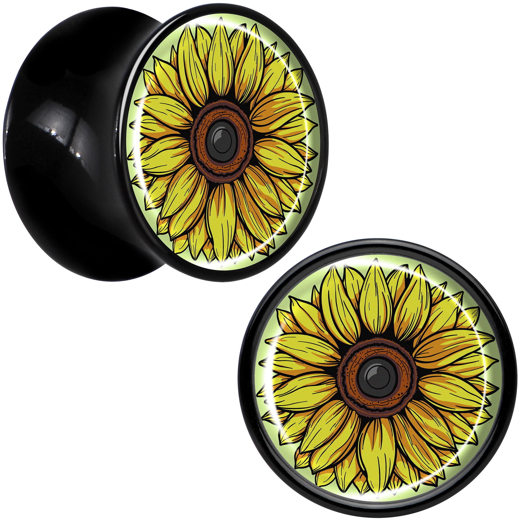 Body Candy 1/2" 2PC Black Acrylic Blossom Creation Yellow Sunflower ...