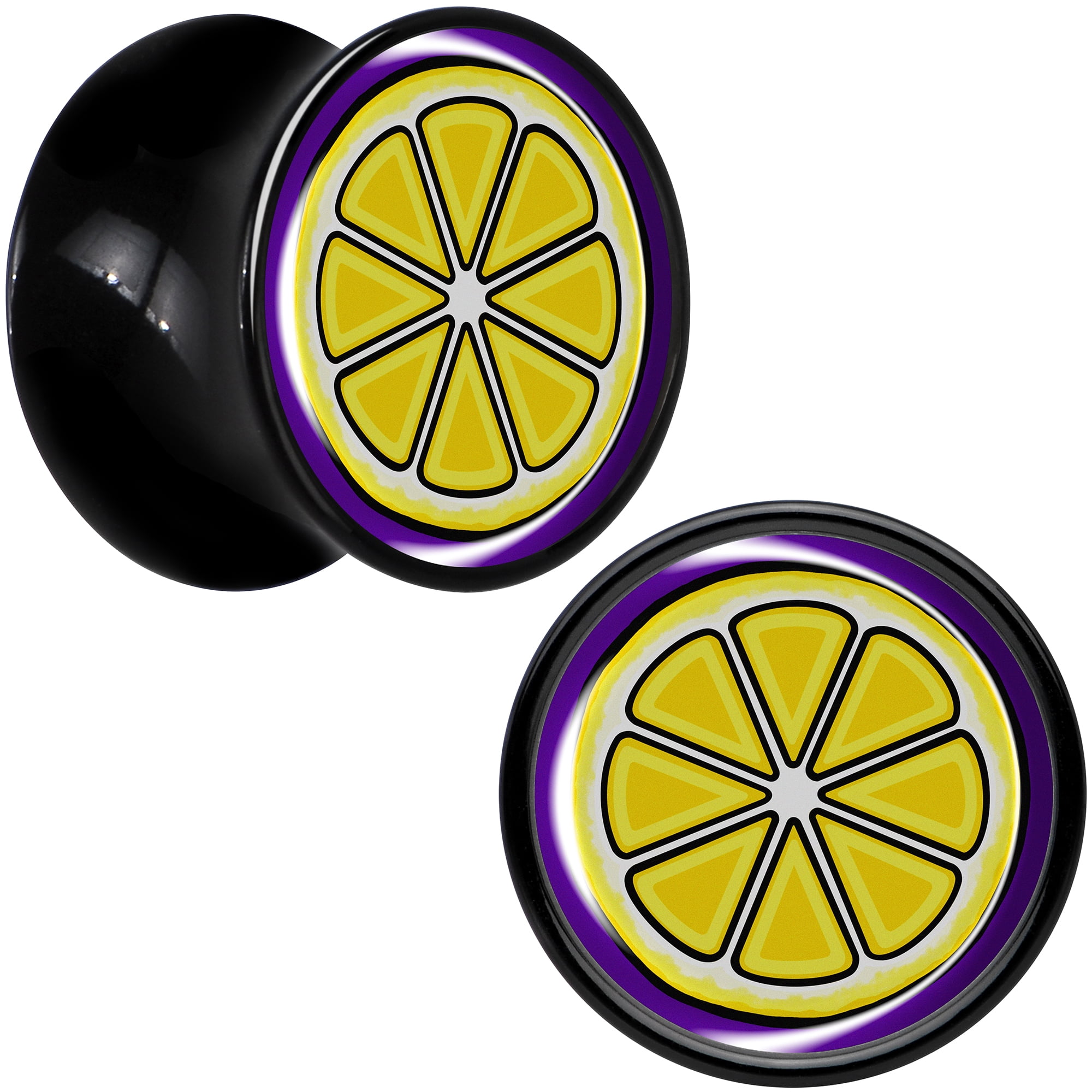 Body Candy 1/2" 2PC Black Acrylic Yellow Slice of Lemon Saddle Plugs ...