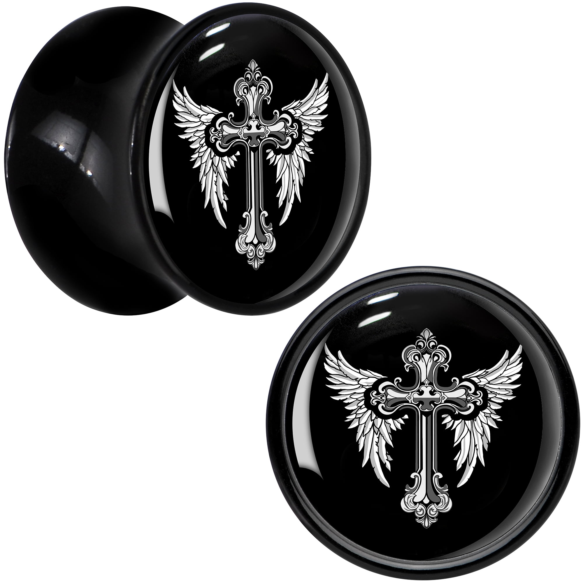 Body Candy 34/64" 2PC Black Acrylic Winged Cross Saddle Plugs Double ...