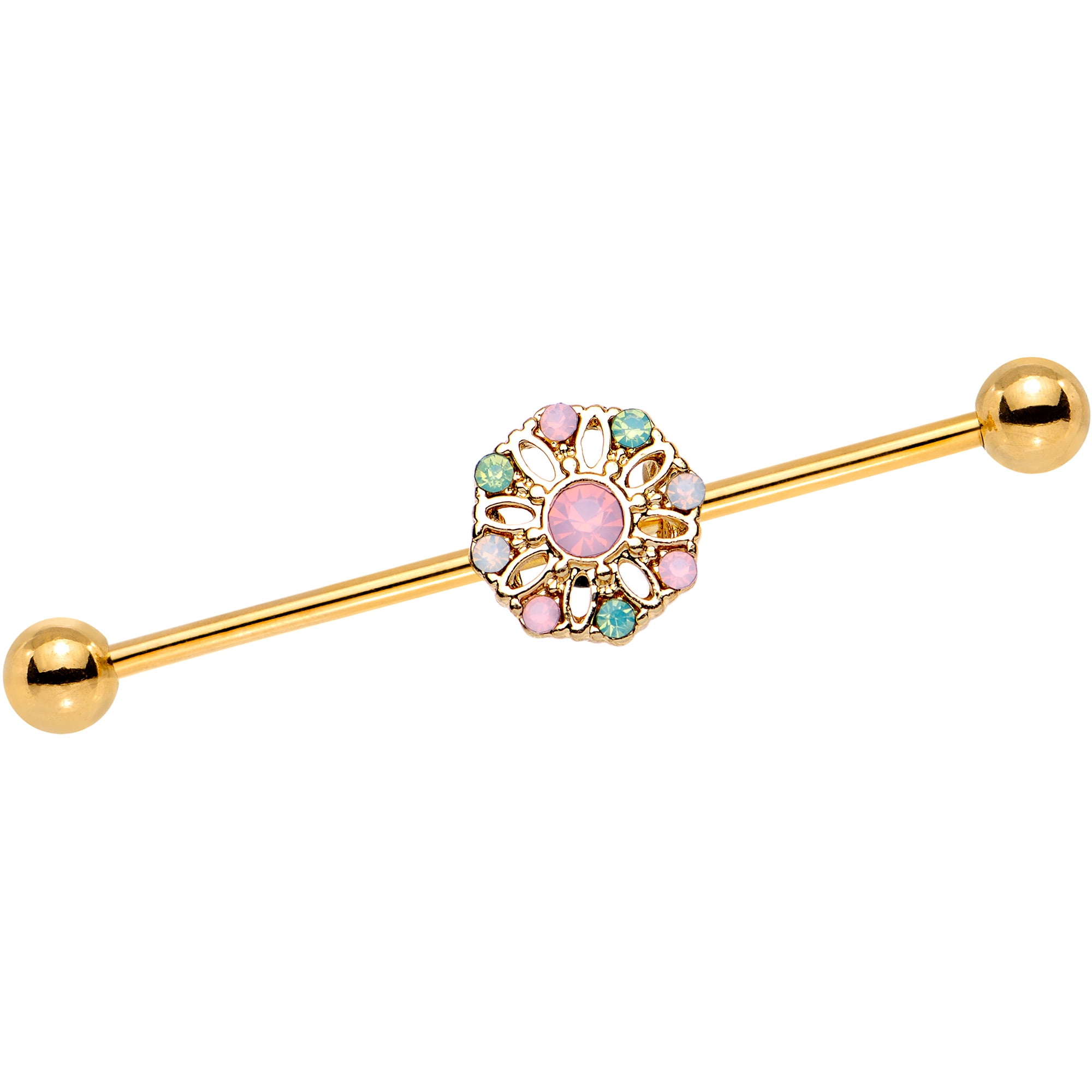 Body Candy Gold IP Steel Pink Accent Rounded Flower Industrial Barbell ...
