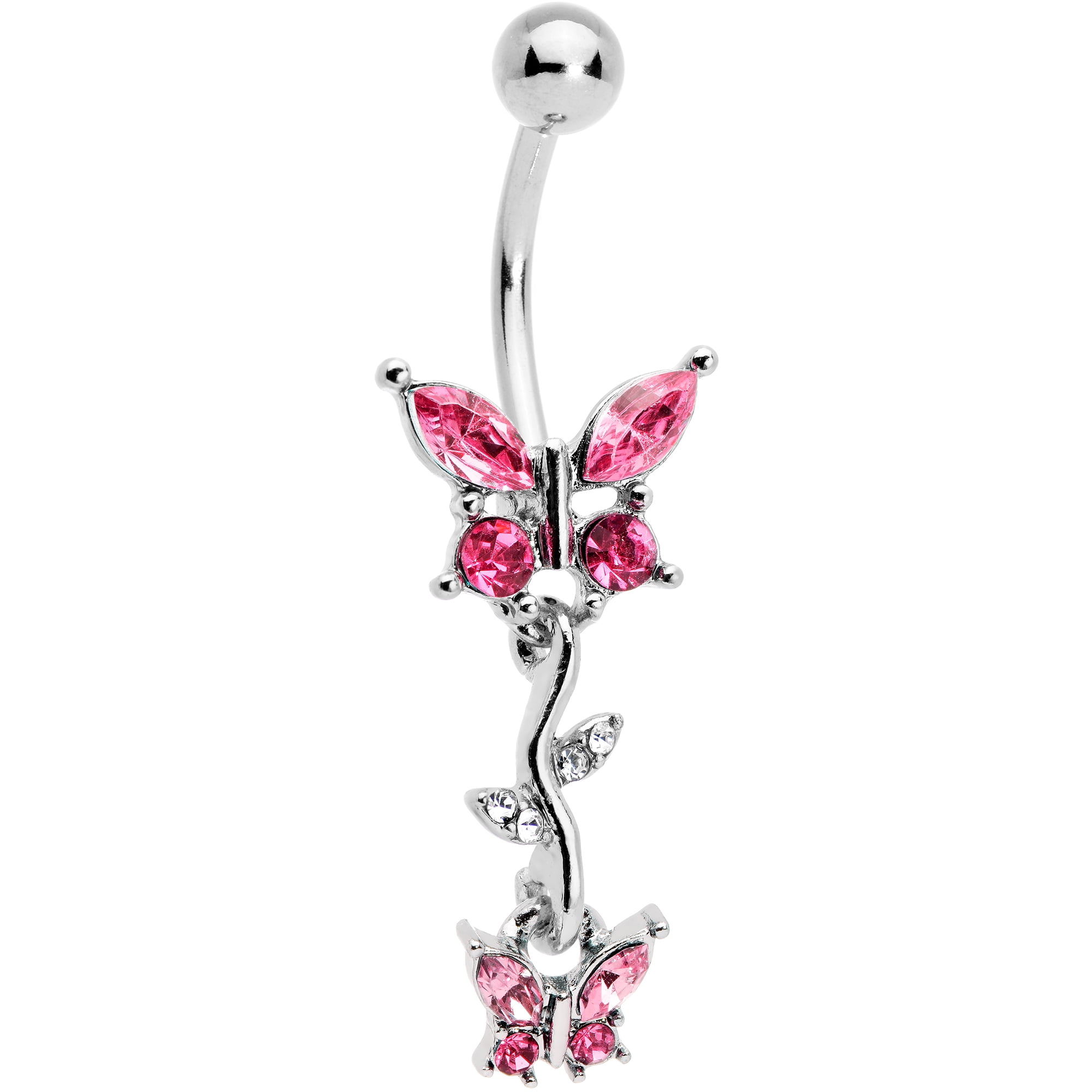 Body Candy Womens 14G 316L Steel Navel Ring Piercing Pink Vine Butterfly Dangle Belly Button ...