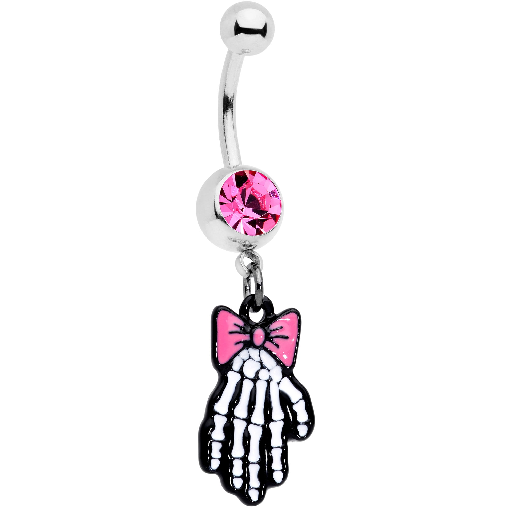 Body Candy Womens 14G Steel Navel Ring Piercing Pink Pink Bow Skeleton Hand Dangle Belly Button ...