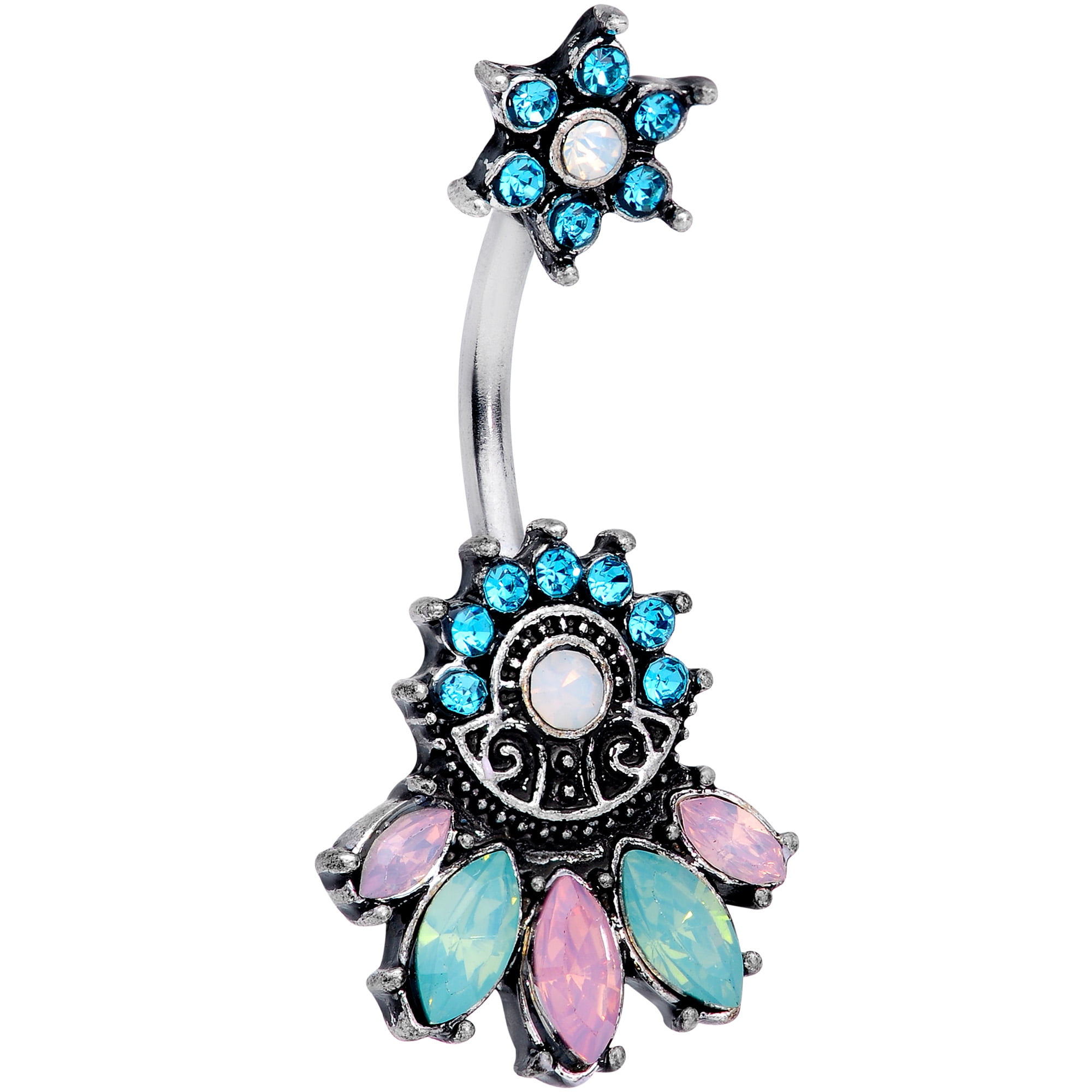 Body Candy Womens Steel Navel Ring Piercing Blue Pink Accent Flower ...
