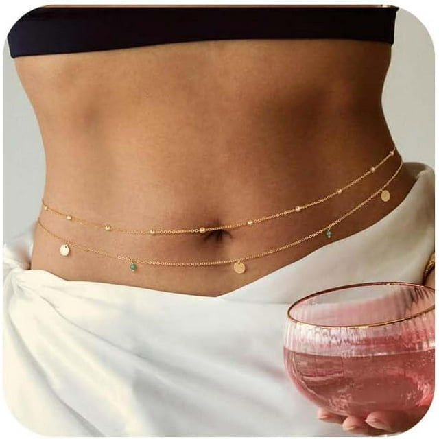 Body Chain for Women 14K Gold Plated Waist Beads Chain Gold Belly Belt Cuban Layered Body Chains ...