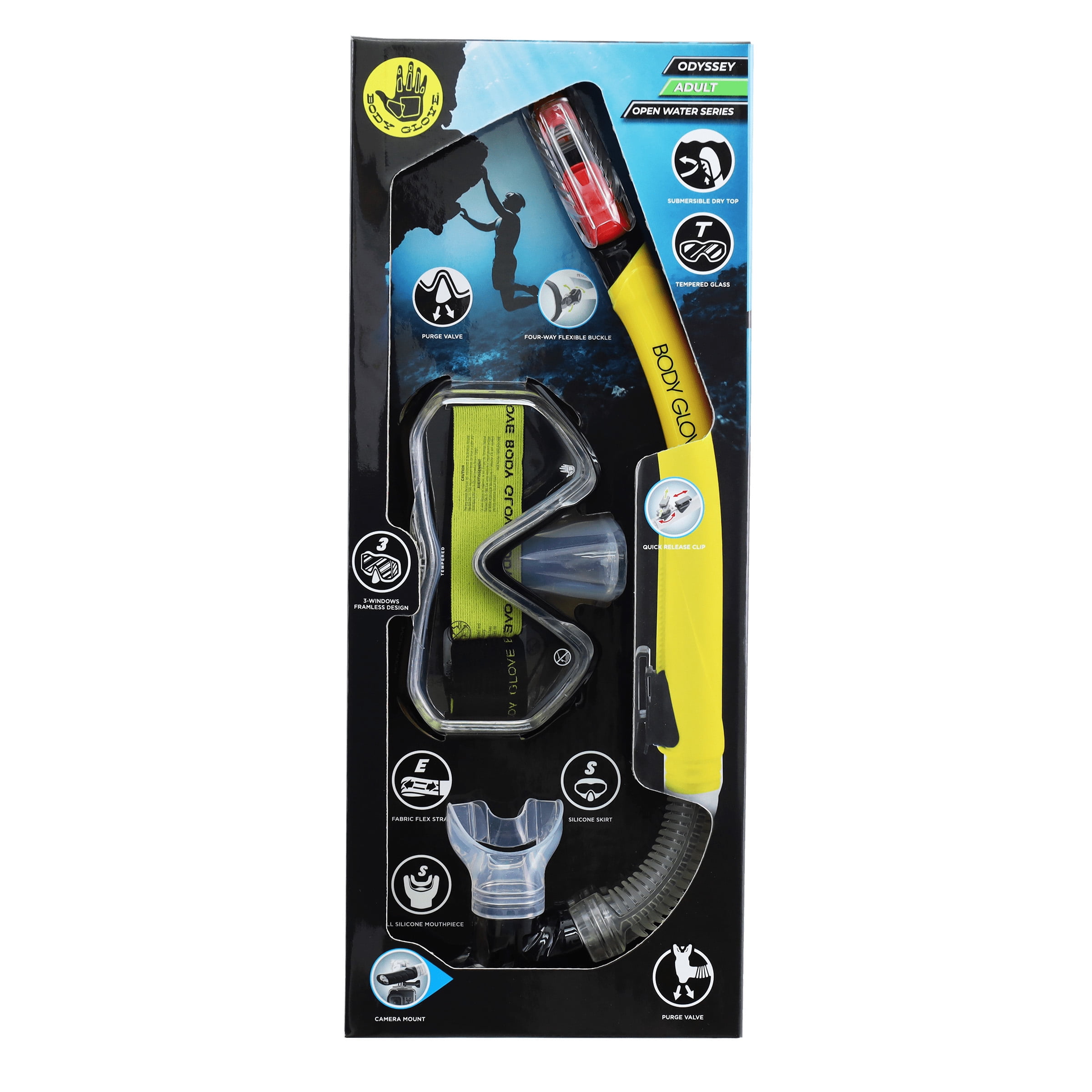Body Glove Adult Odyssey Purge/Mask/Snorkel Combo, GoPro Mount, Yellow ...
