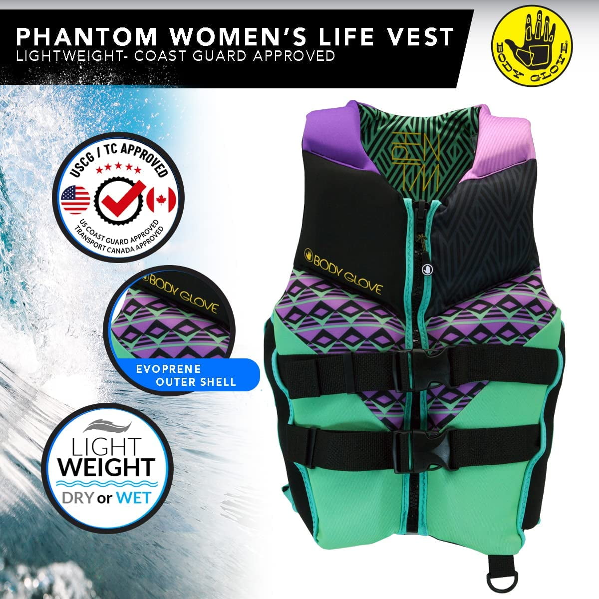Body Glove Phantom Women's PFD Adult Life Jacket, Small, Aqua/Purple ...
