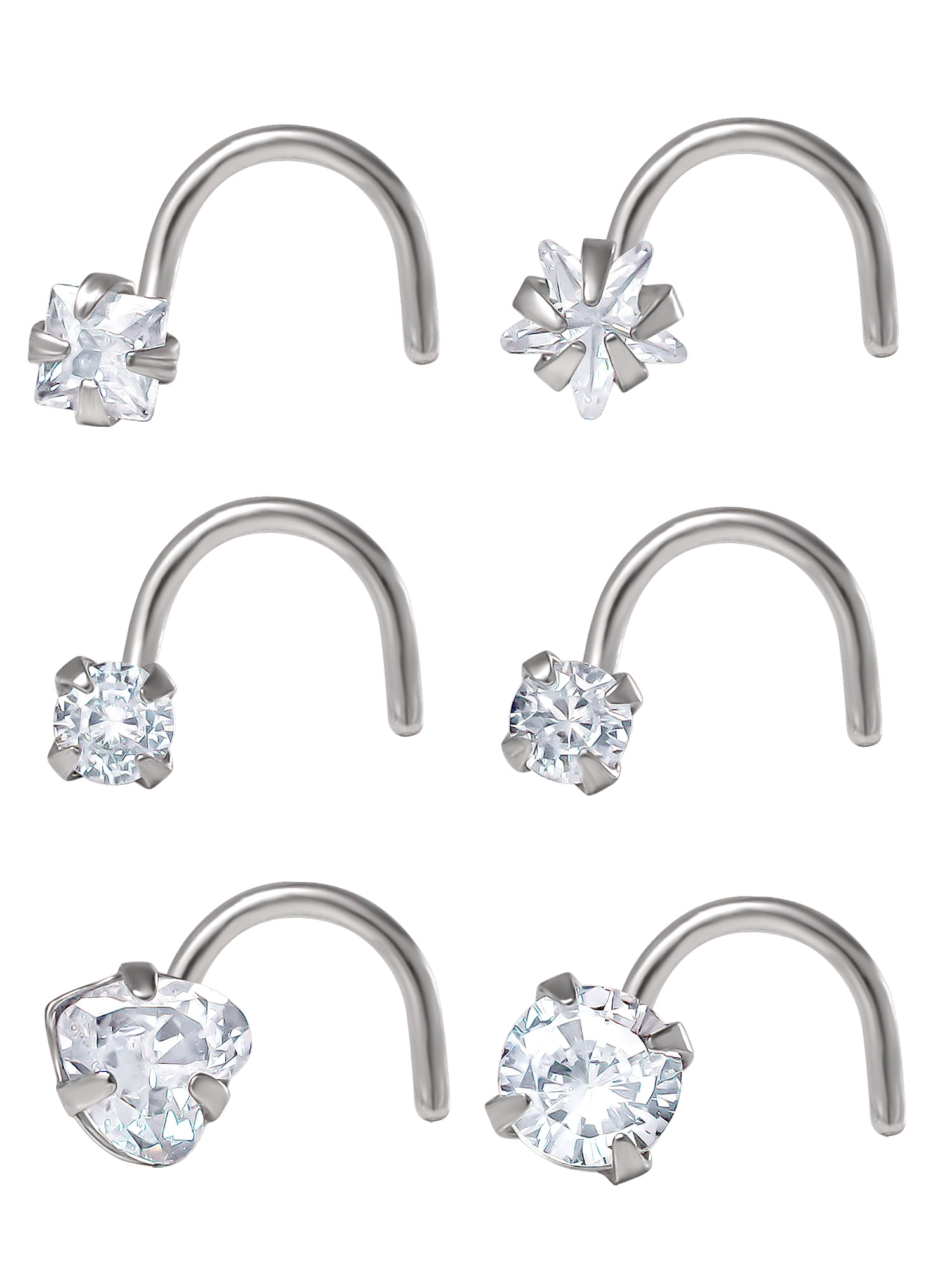 Body Jewelry Women's Adult 22G Stainless-Steel Multi Shape Crystal Nose ...