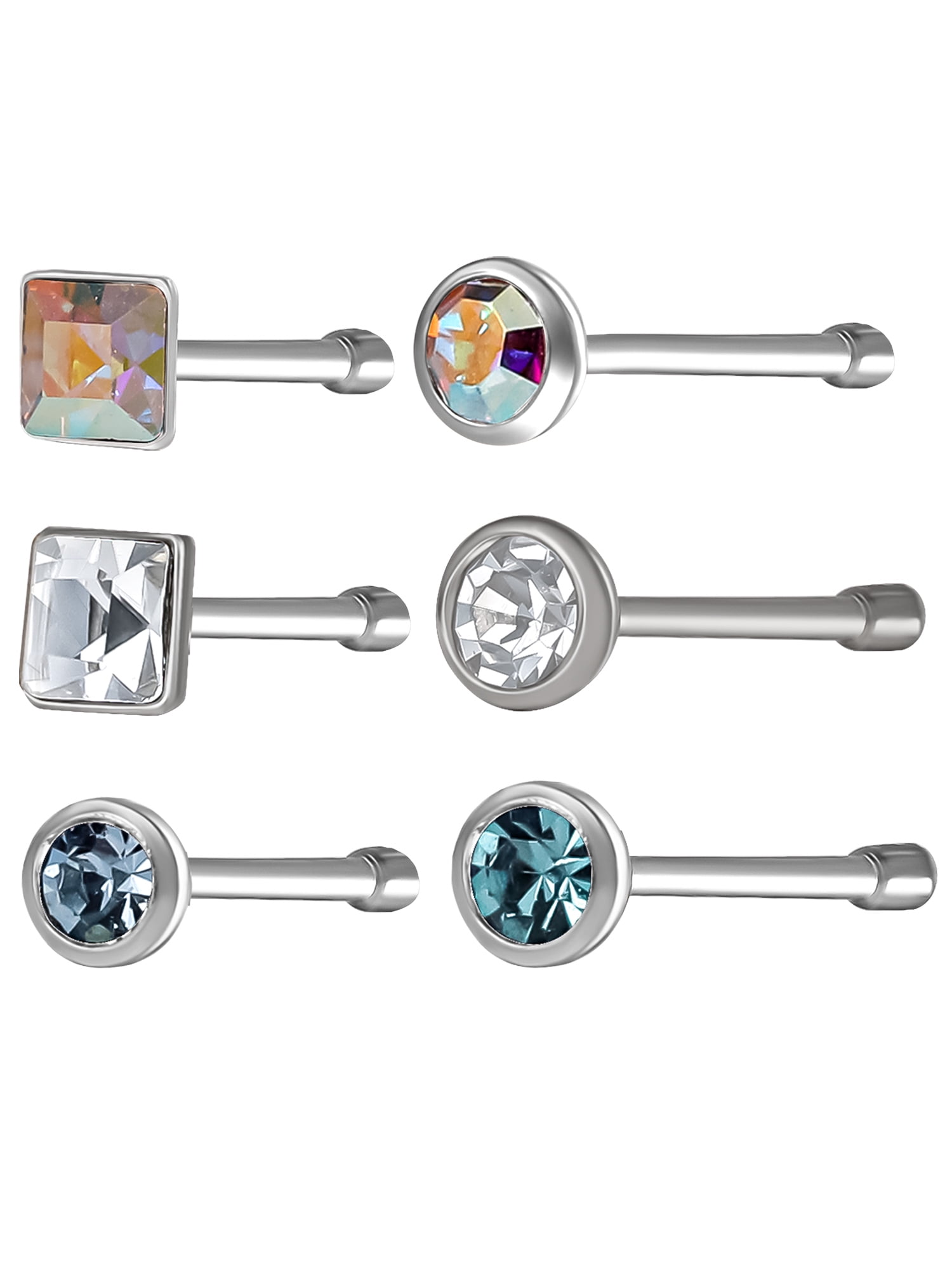 Women's Stainless Steel Crystal Accent Nose Studs, 6 Pack - Premium ...