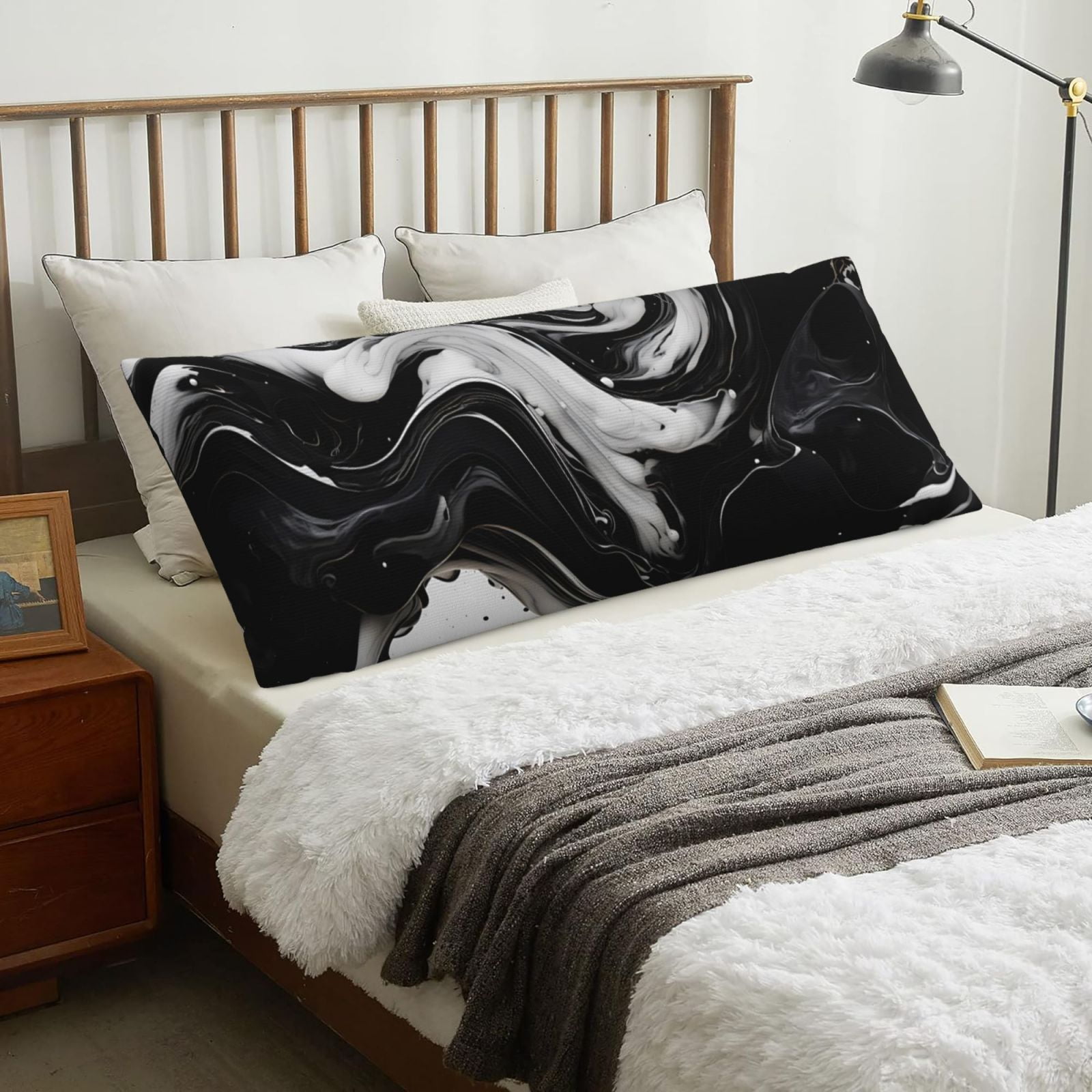Body Pillow Cover - Fluid Black White Paint Swirls Soft Body Pillow ...
