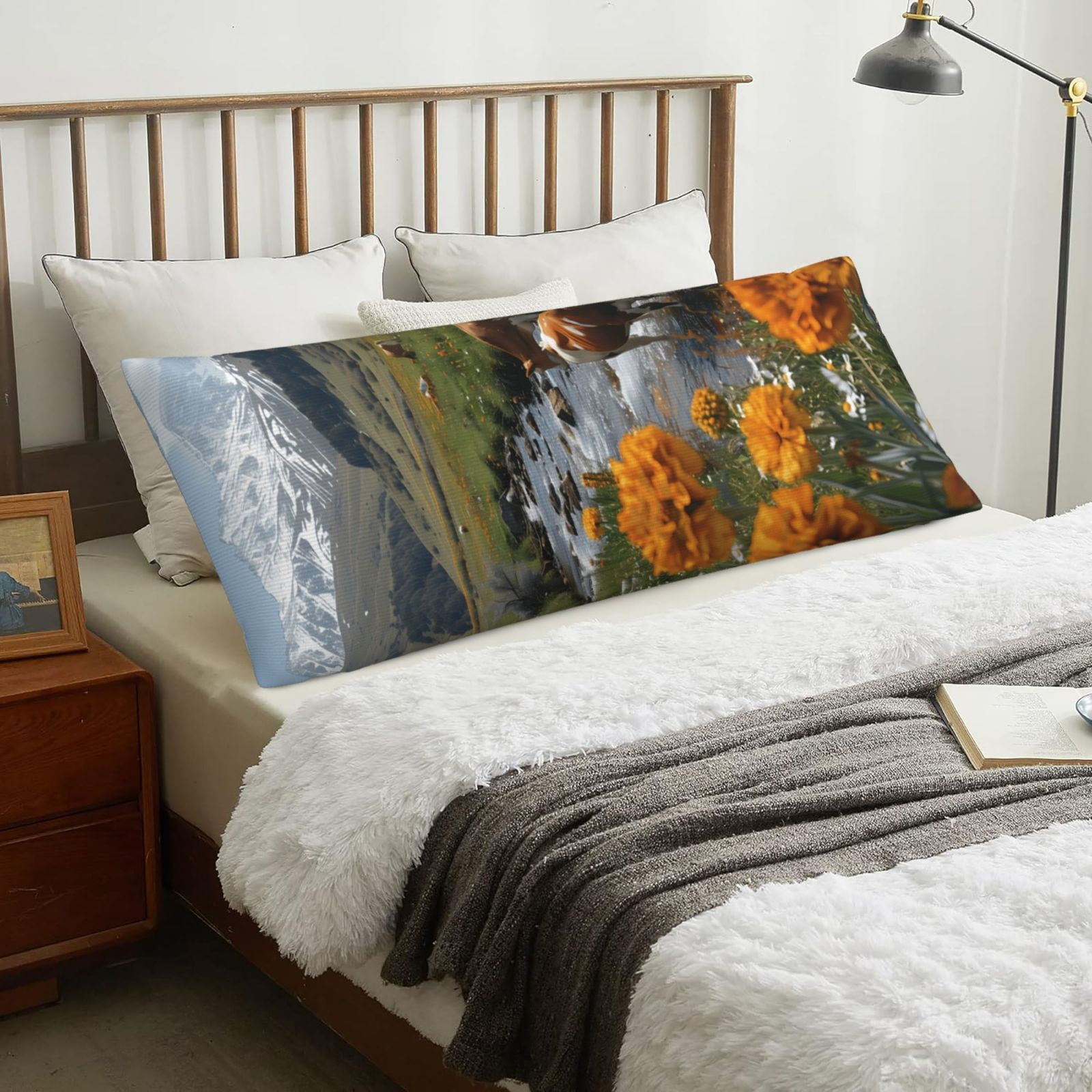 Body Pillow Cover - Mountain Cows Flower Stream Soft Body Pillow Cover with Zipper, Comfort Body ...