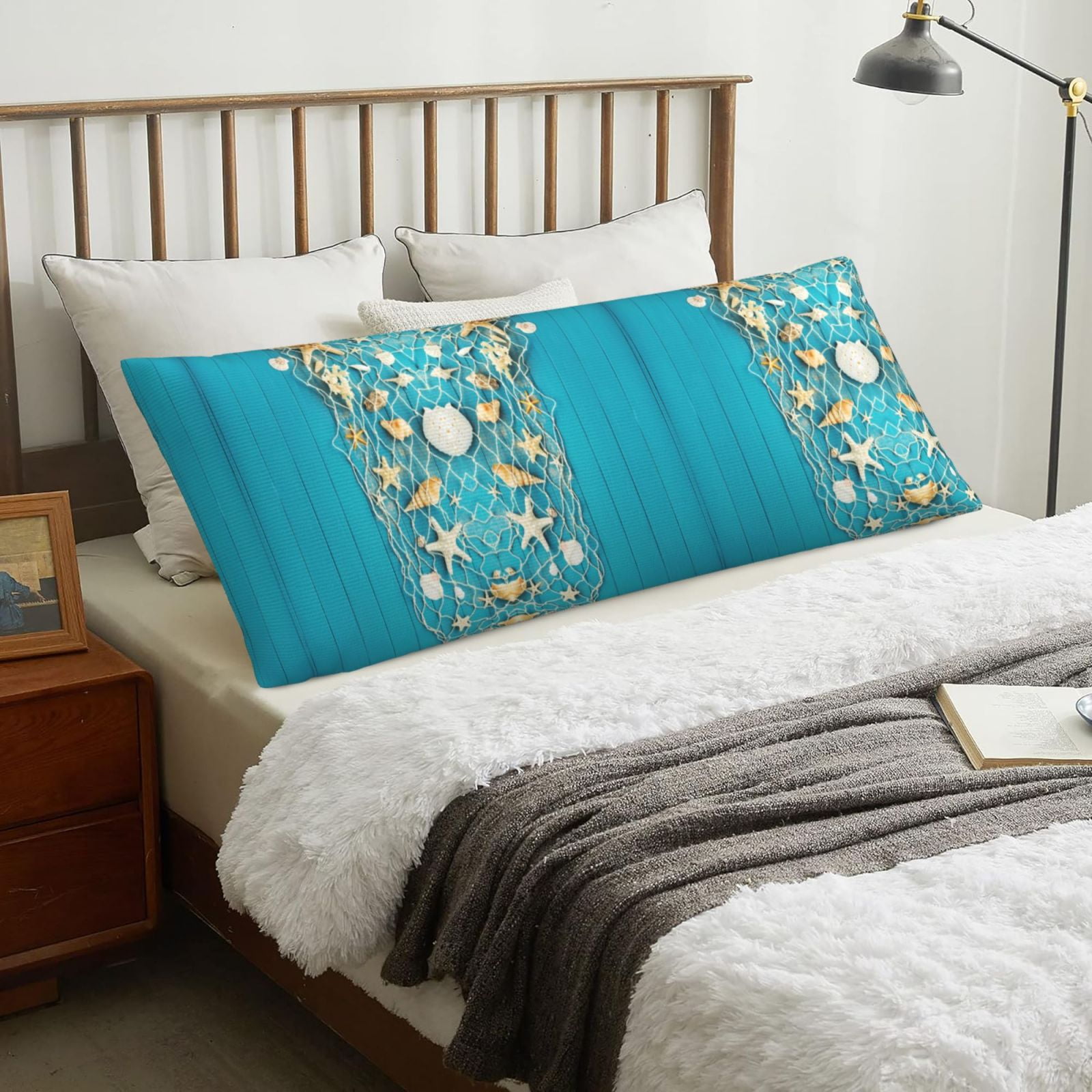 Body Pillow Cover, Seashells And Fishing Net On Blue Wooden Table Body ...