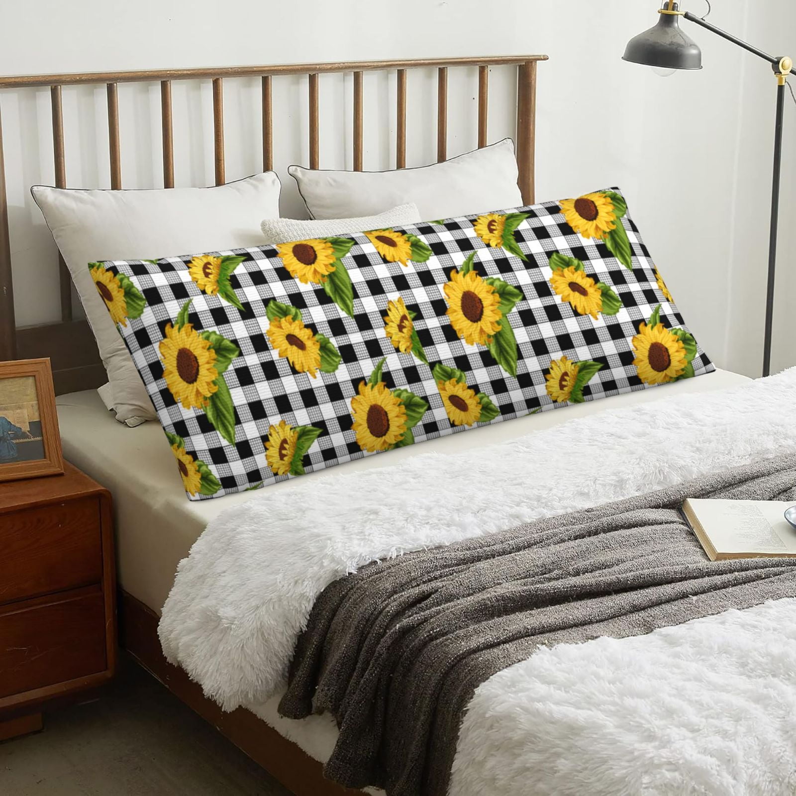 Body Pillow Cover - Sunflowers checkered plaid Super Soft Body Pillow Cover with Zipper ...