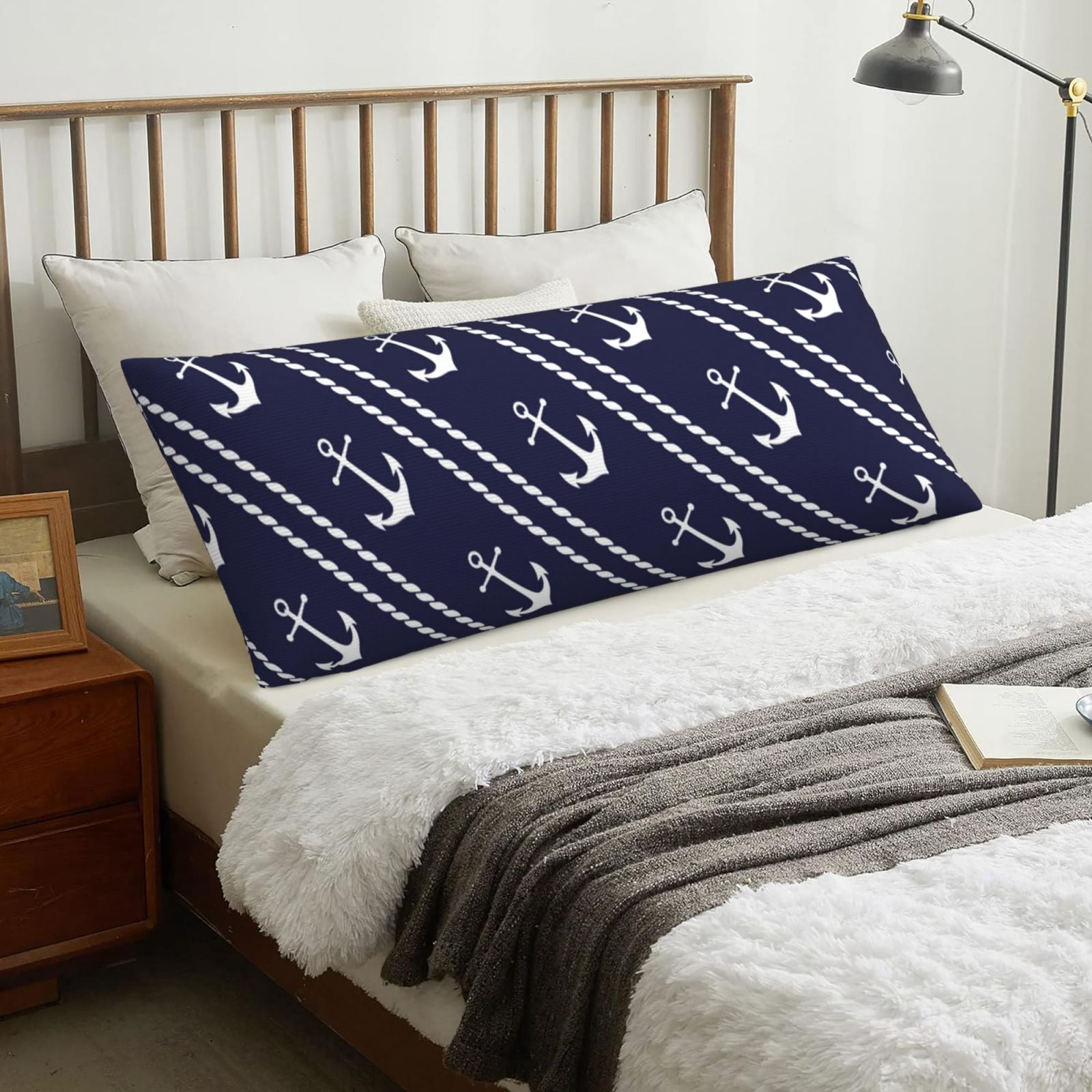 Body Pillow Cover - White anchors diagonal cords navyblue Super Soft ...