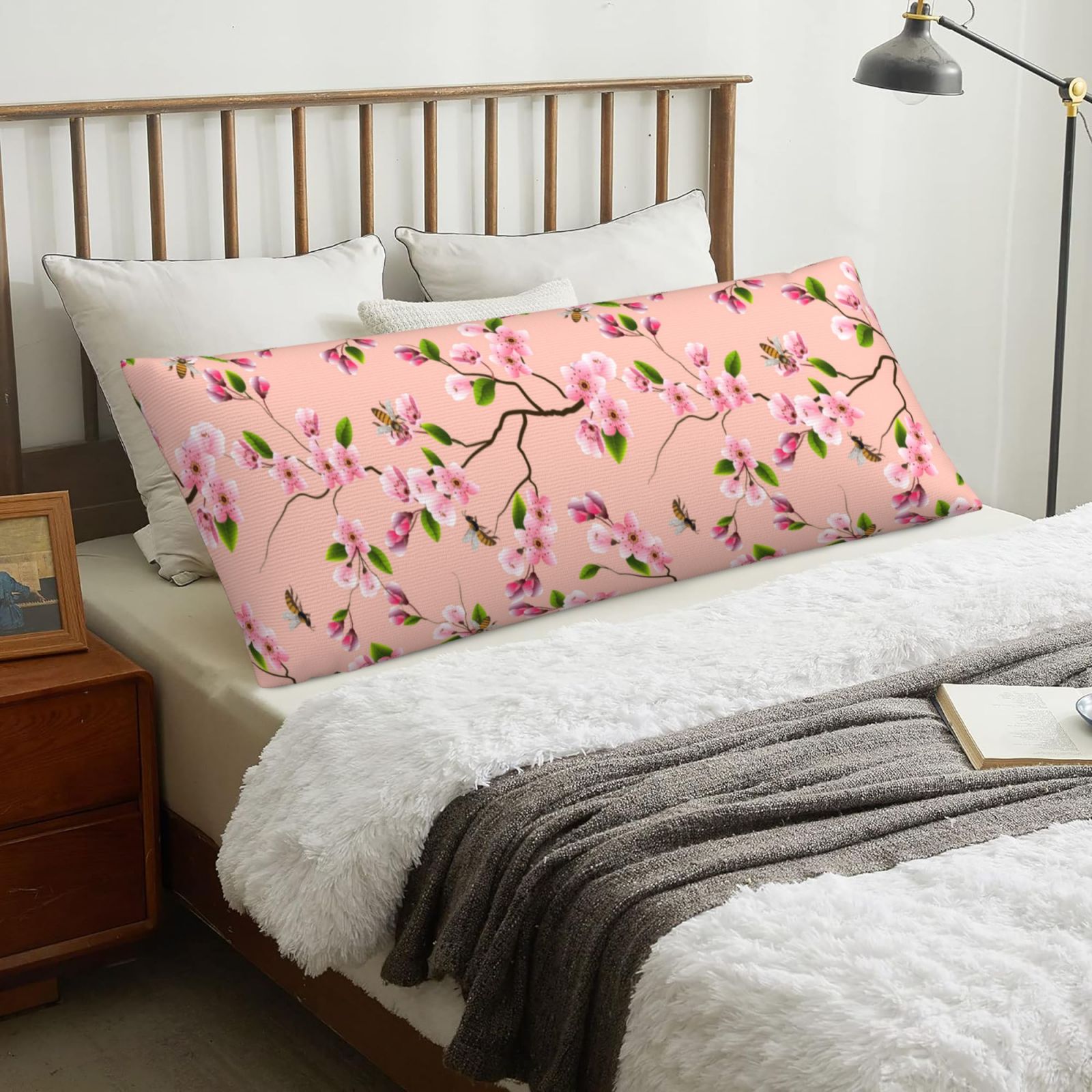 Body Pillow Cover with Zipper, berry blossom branches bees Cooling body ...