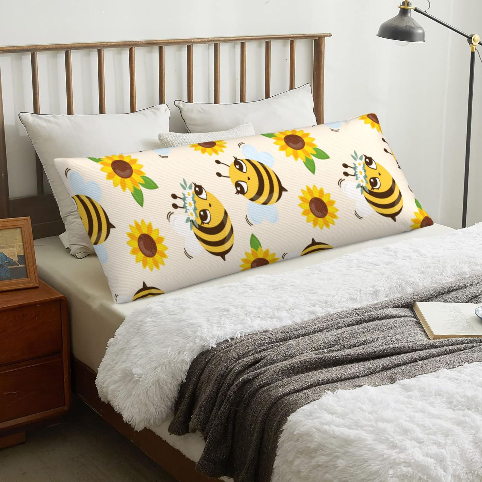Body Pillow Cover with Zipper, cute cartoon bees sunflower daisy ...