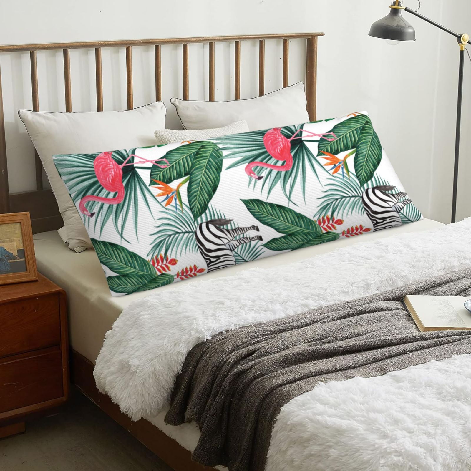 Body Pillow Cover with Zipper, zebra Flamingo Tropical Palm leaves ...