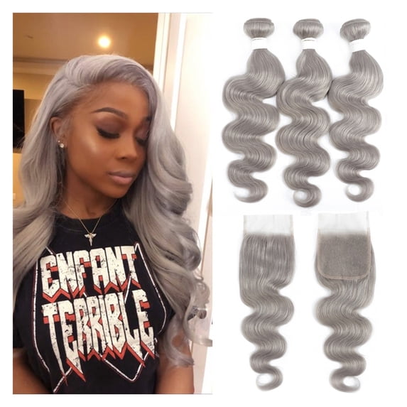 Body Wave Bundle With Closure Silver Grey Color 3 Bundles With Closure ...