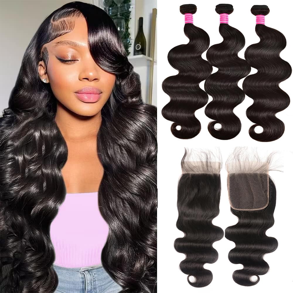 Body Wave Bundles with Closure Human Hair (16 18 20 +14) Brazilian ...