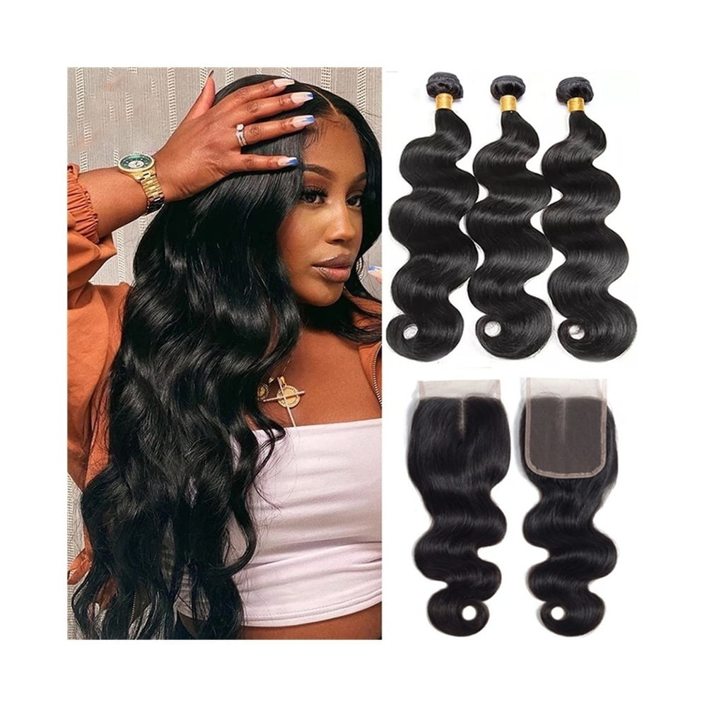 Body Wave Bundles with 4x4 Closure Double Weft Human Hair Extensions ...