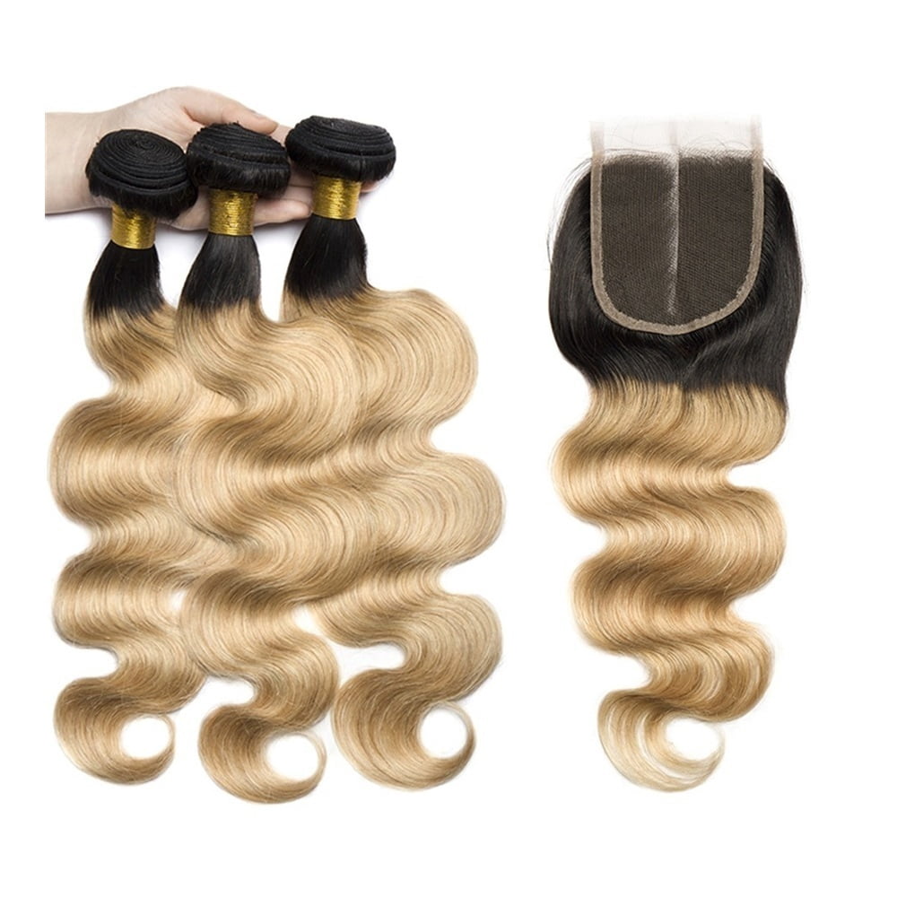Body Wave Human Hair Bundles, 3/4 Brazilian Hair Bundles with 4x4 Lace ...