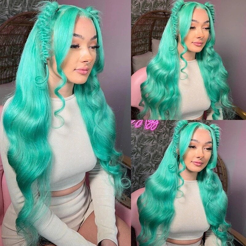 Body Wave Mint Green 13x4 Lace Front Wigs Human Hair 200 Density Pre Plucked Pre Cut UHD Lace ...