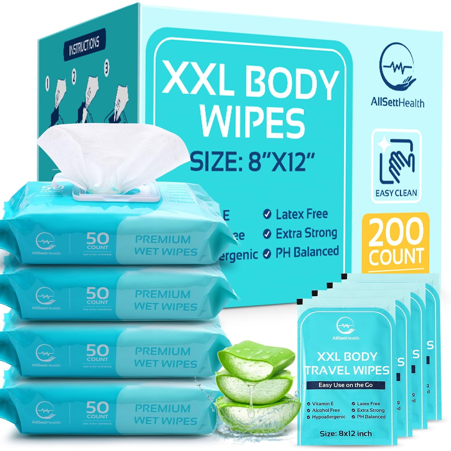 AllSett Health XL Body Wipes for Adults - 8" x 12" (200 count ...