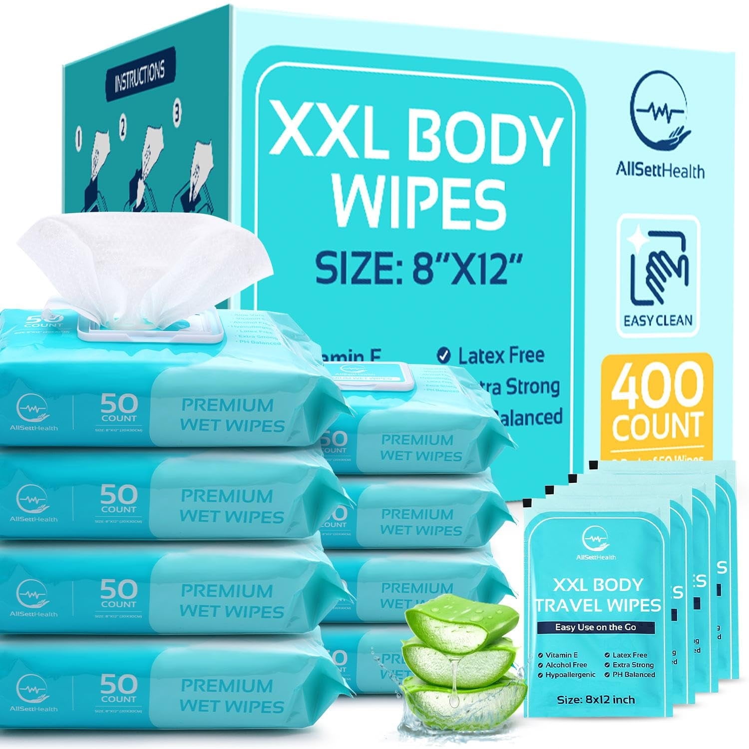 "XL Body Wipes for Adults - 8"" x 12"" (400 count) + 8 Travel Wipes ...
