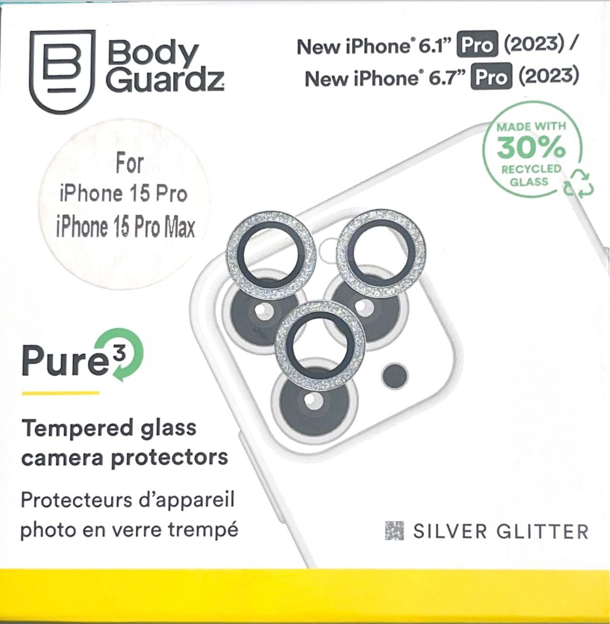 BodyGuardz Silver Glitter Pure 3 Tempered Glass Camera Protector For ...