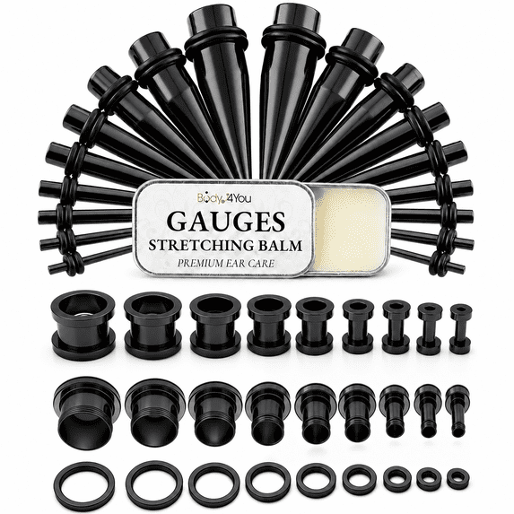 BodyJ4You Ear Stretching Kit, 37-Piece Set, Black Steel Tapers, Screw ...