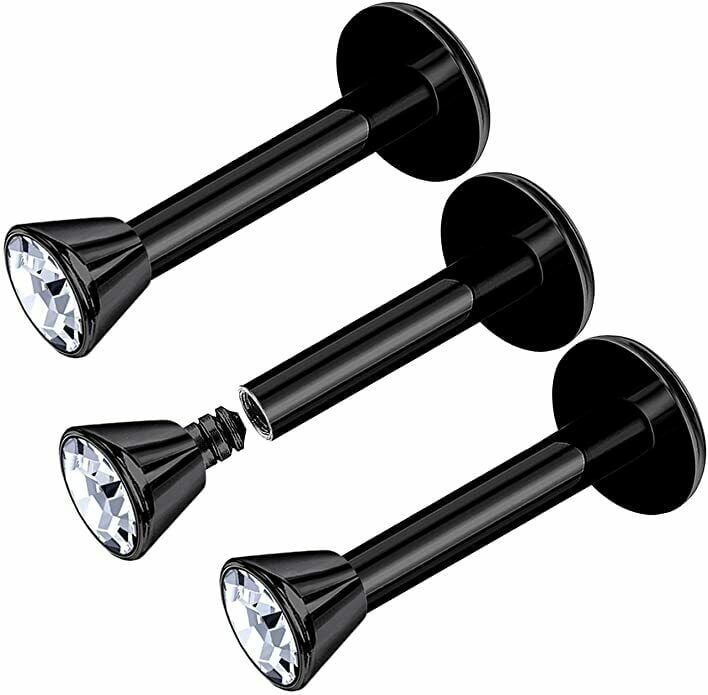 BodyJewelryOnline 3 Pack Labret Flat Back IP Black Anodized Clear CZ ...