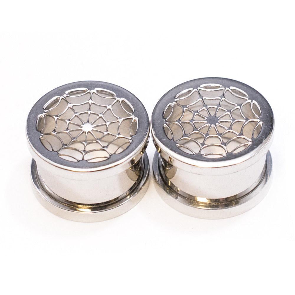 BodyJewelryOnline Ear Plugs Screw Fit Surgical Steel with Spider Web ...