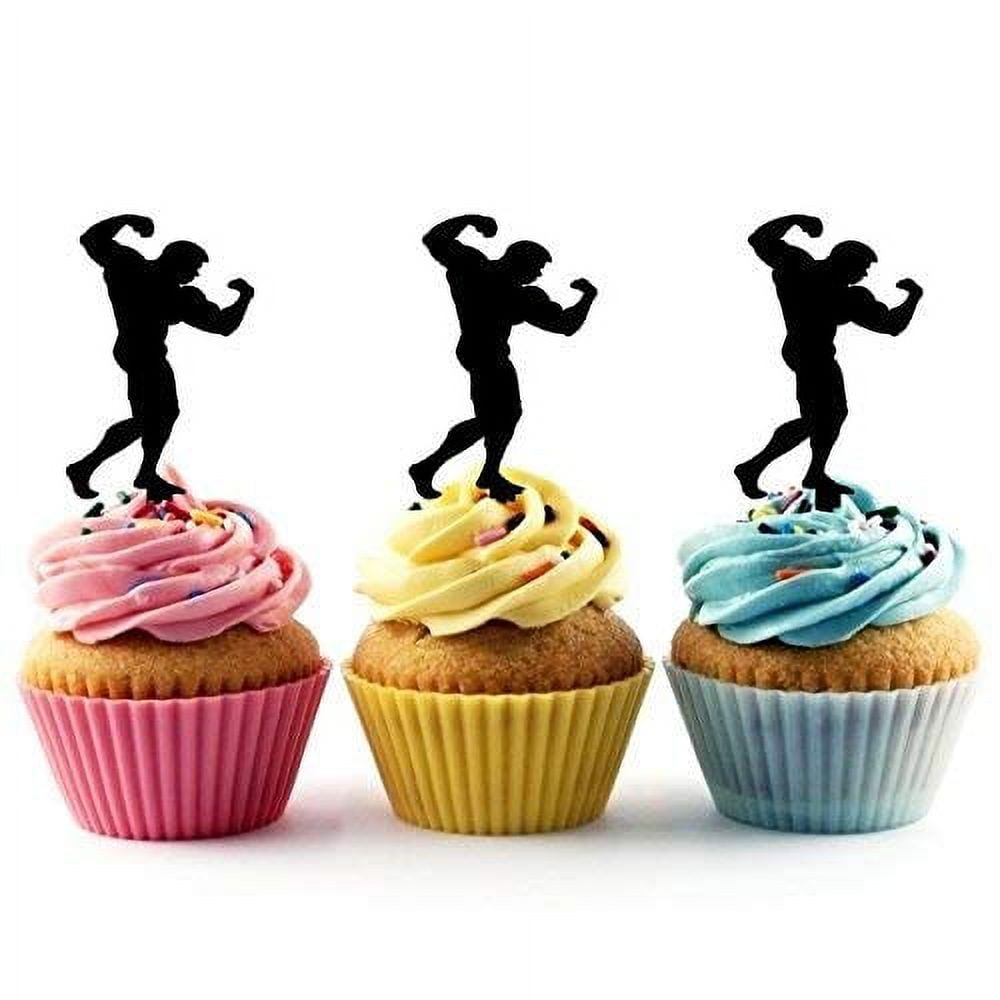 Bodybuilder Muscle Man Pose Silhouette Acrylic Cupcake Toppers 12 PCS ...