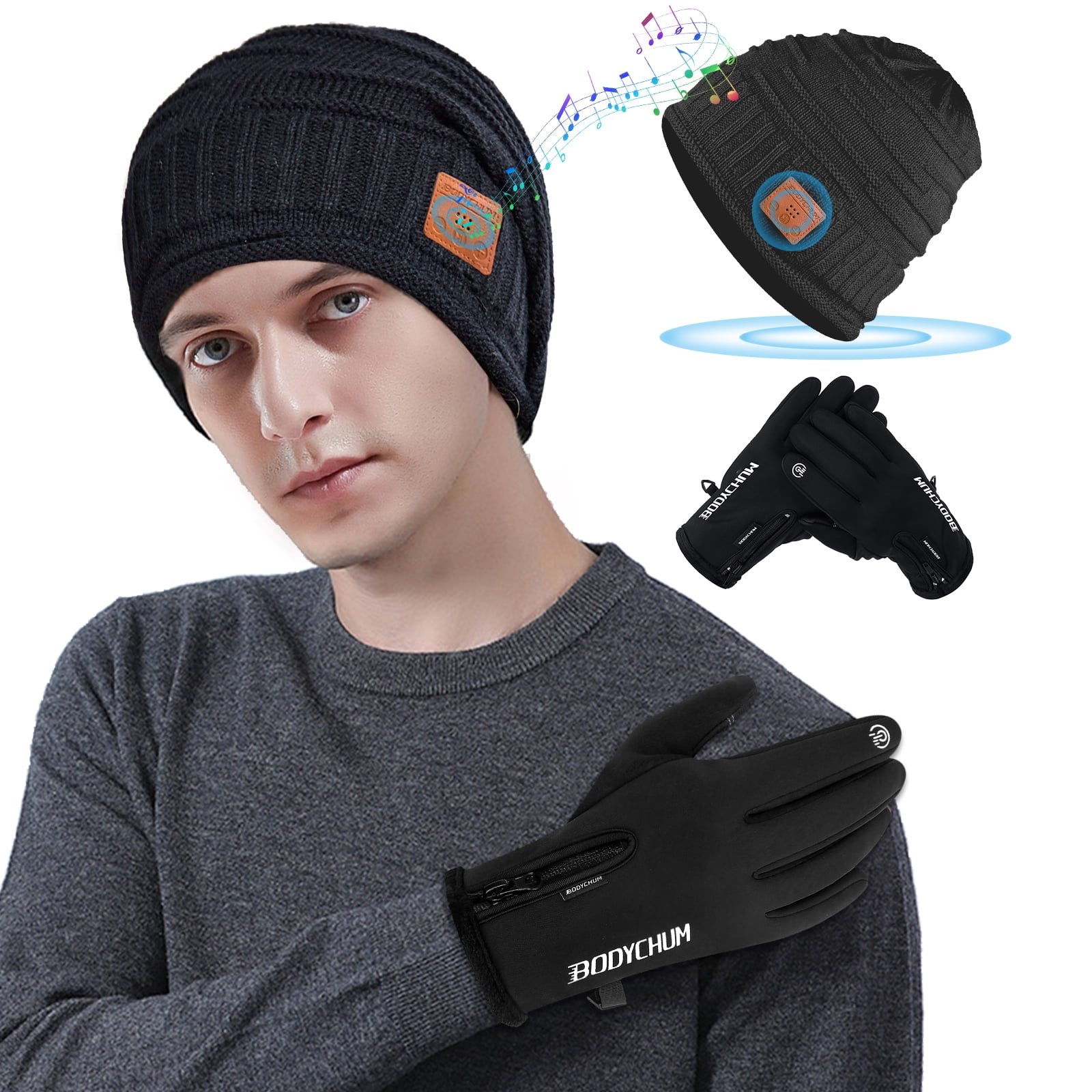 Bodychum Bluetooth Hat Beanie with Touchscreen Gloves, Wireless Headset ...