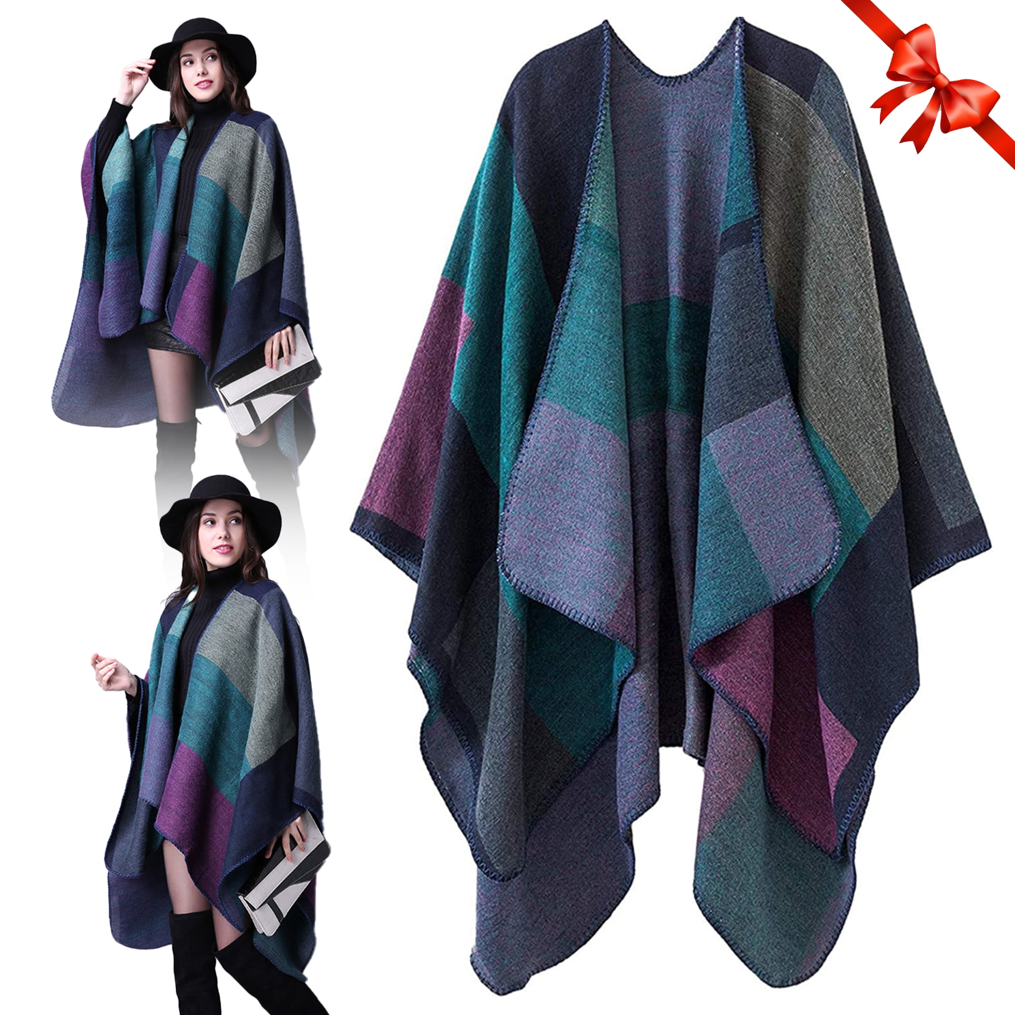 Bodychum Winter Scarf Shawls 59" x 51" Plaid Poncho Cape Blanket Shawls ...