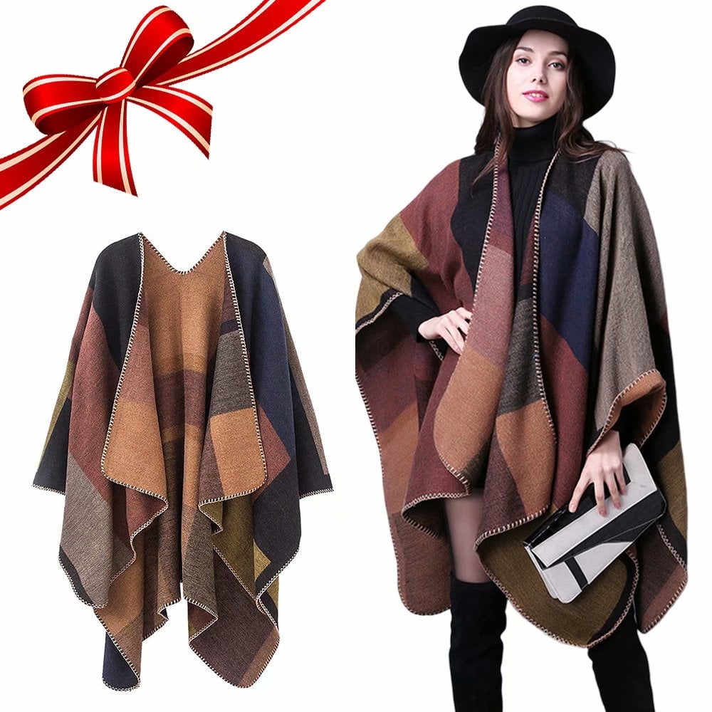 Aptoco Reversible Winter Scarf, Plaid Sweater Poncho Cape, Open Front ...