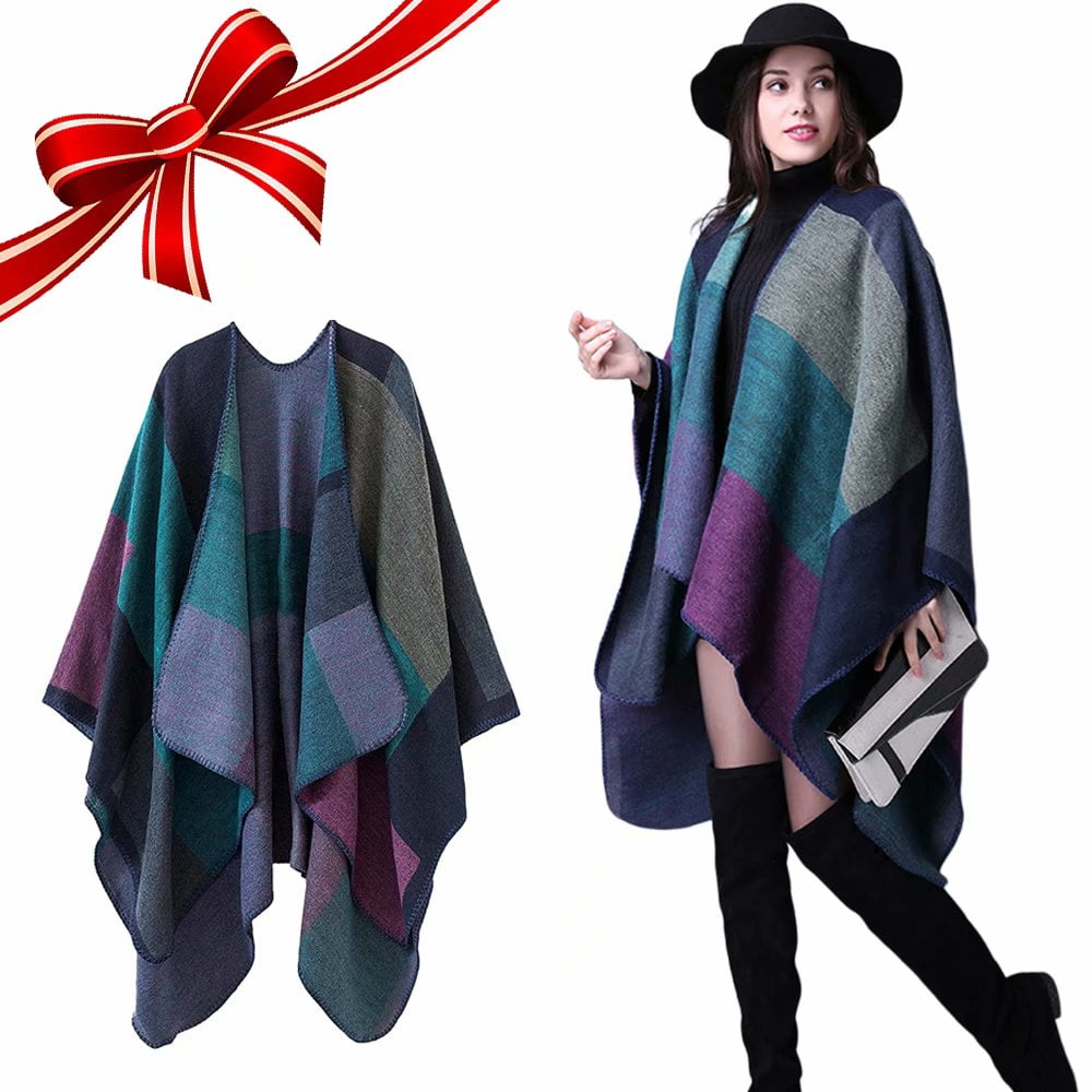 Aptoco Warm Large Winter Wrap, Women's Plaid Sweater Poncho Cape Coat ...